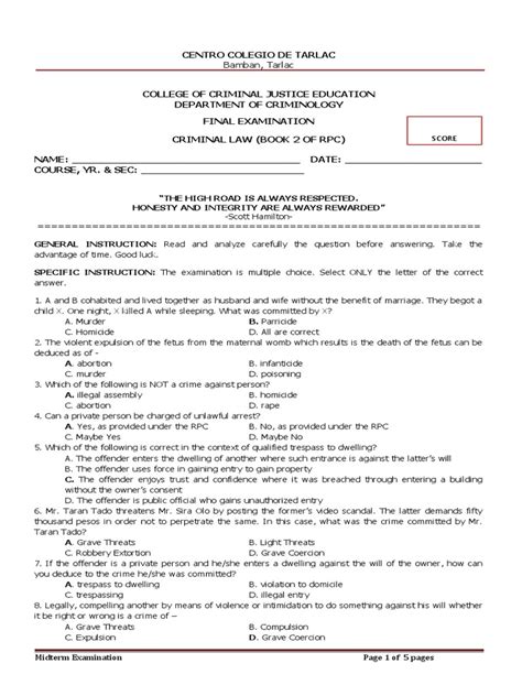 Cgd Final Exam Crim Law Book 2 Rpc Pdf