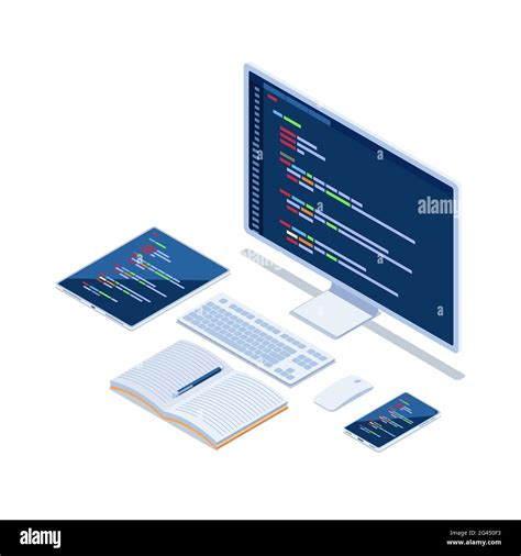 Flat 3d Isometric Computer Code On Monitor Smartphone And Tablet