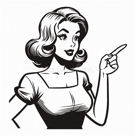 Vintage Retro Woman Pointing Simple Line Art Black And White Comic 01