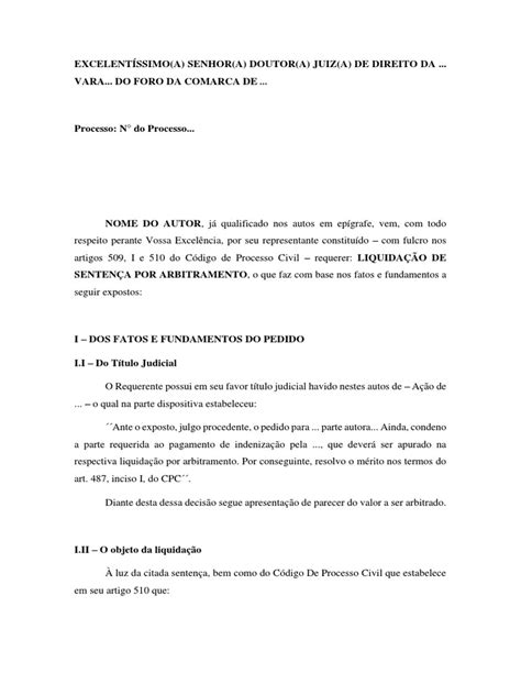 Modelo De Petição De Liquidação De Sentença Por Arbitramento Pdf
