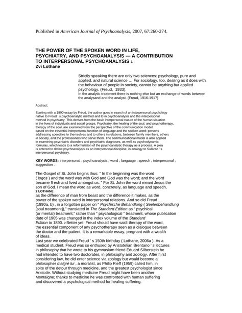 Pdf The Power Of The Spoken Word In Life Psychiatry And