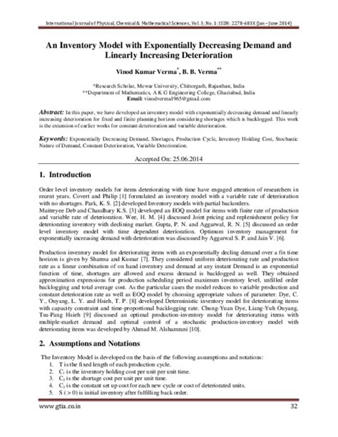 Pdf An Inventory Model With Exponentially Decreasing Demand And