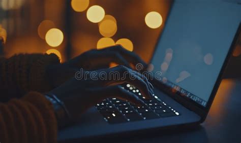 close up of hands typing on laptop keyboard at night with warm bokeh lights stock illustration