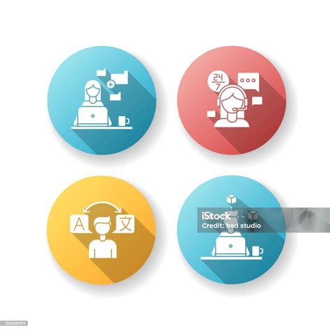 프리랜서 직업 데이터 입력 작업 플랫 디자인 긴 그림자 글리프 아이콘 세트 해석 3d 모델링 및 고객 서비스 이미지를 텍스트로