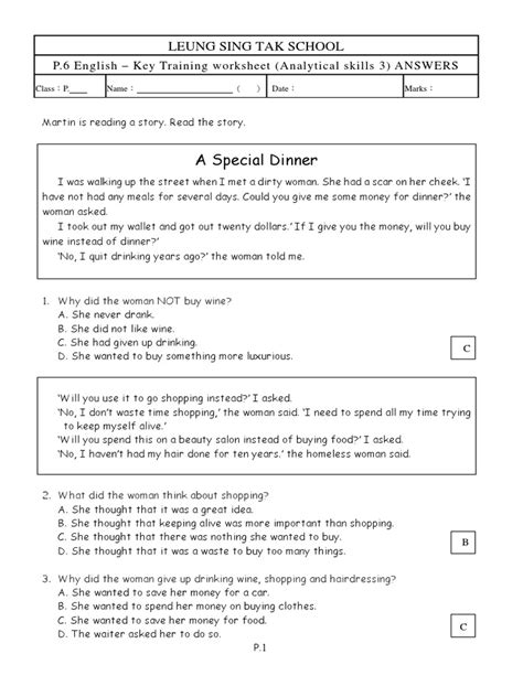 P6 3 English Key Training Worksheet Analytical Skills 3