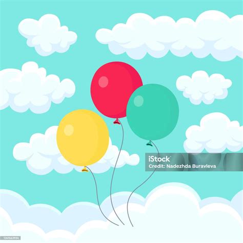 헬륨 풍선의 무리 하늘에서 비행 공기 공 생일 축하합니다 휴일 개념 파티 장식 벡터 만화 디자인 개체 그룹에 대한 스톡 벡터