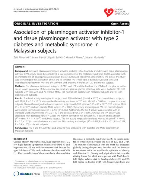 Pdf Association Of Plasminogen Activator Inhibitor 1 And Tissue