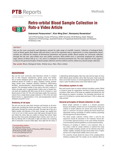Pdf Retro Orbital Blood Sample Collection In Rats A Video Article