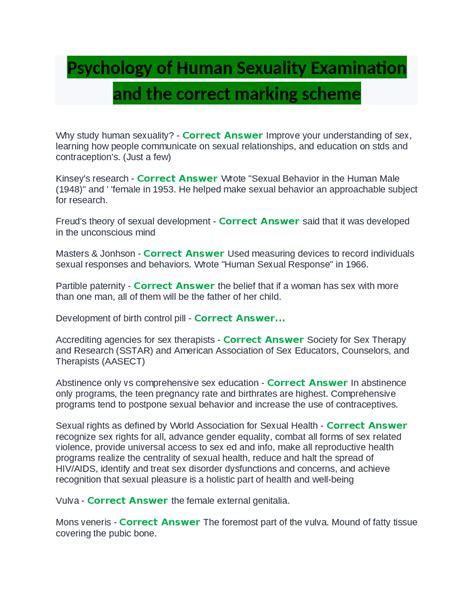 Psychology Of Human Sexuality Examination And The Correct Marking