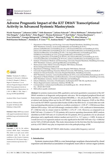 Pdf Adverse Prognostic Impact Of The Kit D816v Transcriptional
