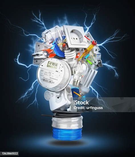 어두운 배경에 번개가 있는 전구 형태의 전기 부품 3d 일러스트레이션 전기공에 대한 스톡 사진 및 기타 이미지 전기공 작업 장비 3차원 형태 Istock