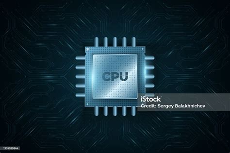 빛나는 컴퓨터 회로 기판 이나 마더 보드에 디지털 현대 마이크로 칩 Cpu 미래지향적인 고성능 프로세서 데이터베이스 프로세스 개념 벡터 일러스트레이션 0명에 대한 스톡 벡터