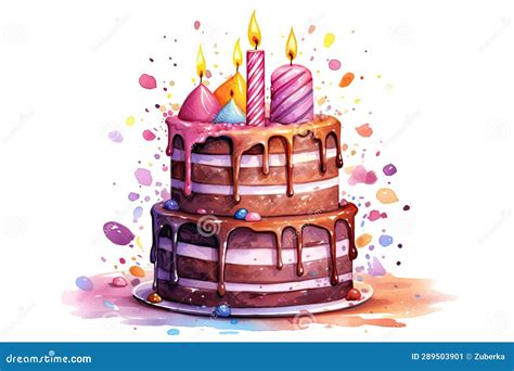 Watercolor Birthday Cake With Candles Royalty Free Stock Photography
