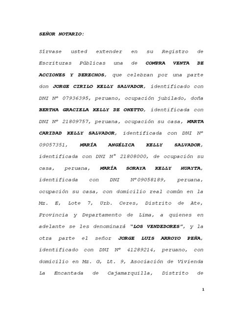 Minuta De Compra Venta De Derechos Y Acciones Familia Kelly Pdf