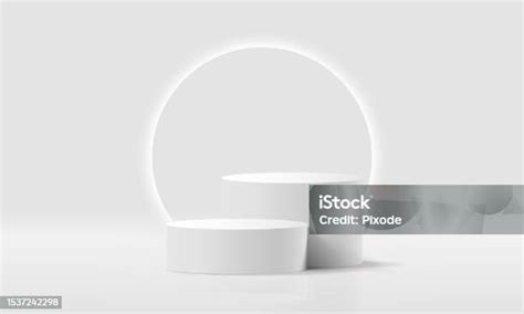 흰색 현실적인 3d 실린더 받침대 연단과 원형 둥근 네온 조명 배경 추상 벡터 렌더링 기하학 제품 전시 프리젠 테이션 최소한의 장면 소셜 미디어 게시물 배경 0명에 대한