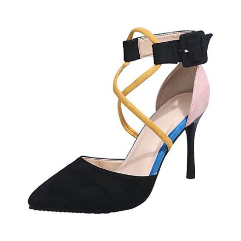 Jikolililili Womens Casual Velvet Bun Head Color Block Strap High Heel Buckle Sandals Women