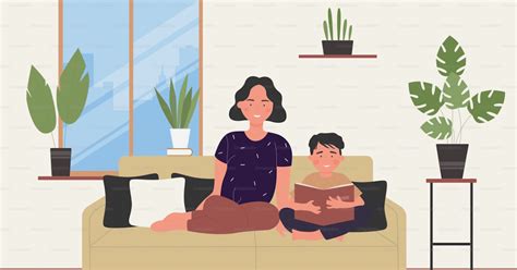 행복한 가족은 집에서 시간을 보내고 엄마와 아이 아들은 책을 읽고 벡터 일러스트레이션을 함께 공부합니다 만화 엄마와 소년은