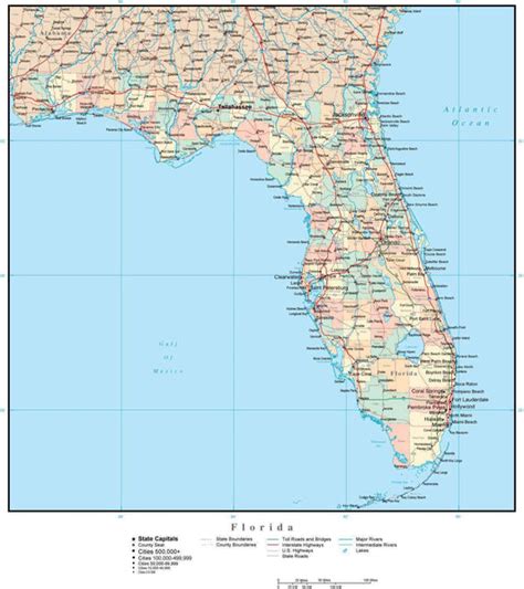 Florida Adobe Illustrator Map With Counties Cities County Seats Major Roads