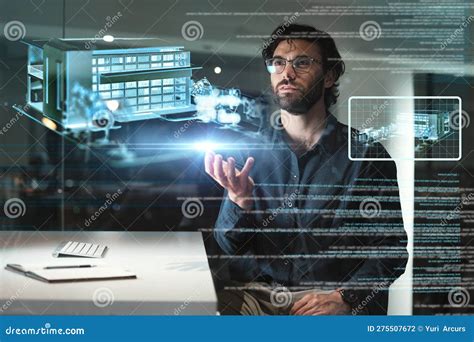 business man architecture and design hologram in data analysis focus
