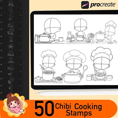 50 Procreate Chibi Cooking Poses Stamps Cute Anime Manga Cooking Brushes Cooking Body Figure