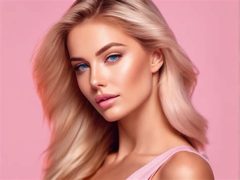 Premium Ai Image Cute Blonde Girl Doll Style In Fashion Pink Dress