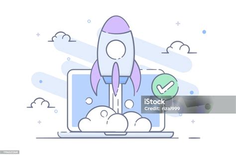 시작됩니다 로켓이 발사되고 있습니다 벡터 일러스트 라인 채워진 디자인 스타일입니다 스타트업 비즈니스의 상징 노트북에 대한 스톡 벡터 아트 및 기타 이미지 Istock