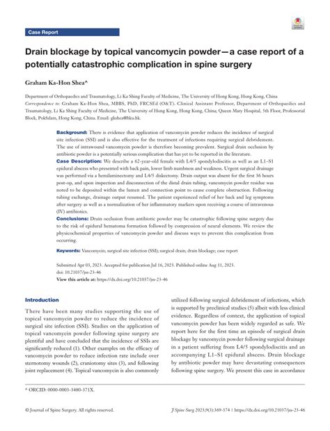 Pdf Drain Blockage By Topical Vancomycin Powder—a Case Report Of A Potentially Catastrophic