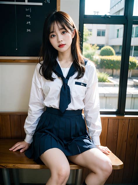 아시아 여성이 교복을 입고 벤치에 앉아 있는 모습 Seaart Ai