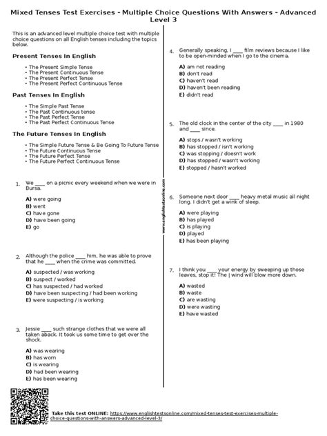 502 Mixed Tenses Test Exercises Multiple Choice Questions With
