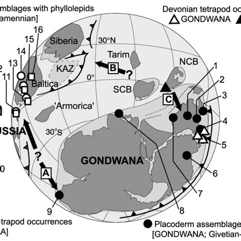 Global Distribution Patterns For Devonian Placoderms Tetrapods Plotted Download Scientific