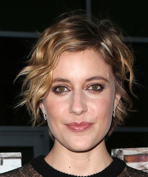 Greta Gerwig Short Wavy Dark Blonde Shag Hairstyle With Side Swept