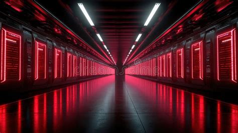 Illuminated Data Center Hallway Red Lights And Server Racks In Modern Technology Infrastructure