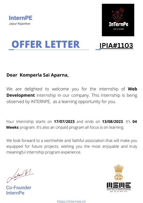 internship internpe offerletter komperla sai aparna
