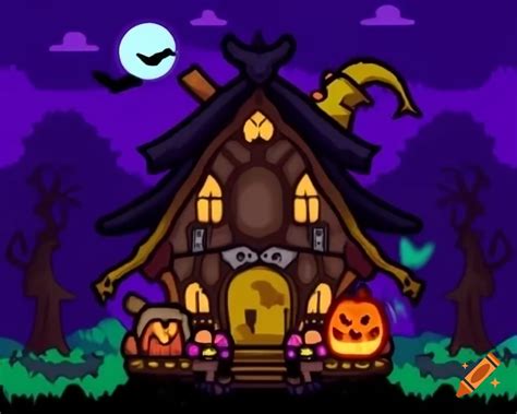 Haunted Halloween Pumpkin House In Red Purple Black And Gold Cartoon Style On Craiyon