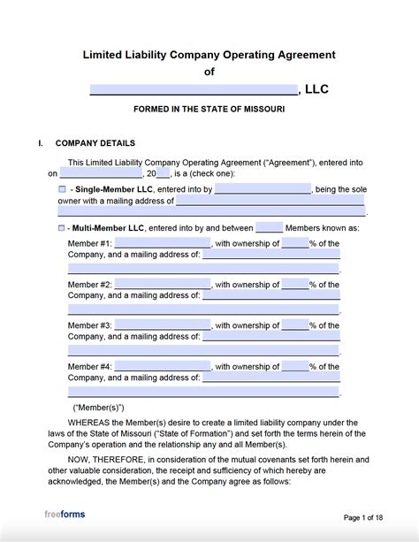 Free Missouri Llc Operating Agreement Template Pdf Word