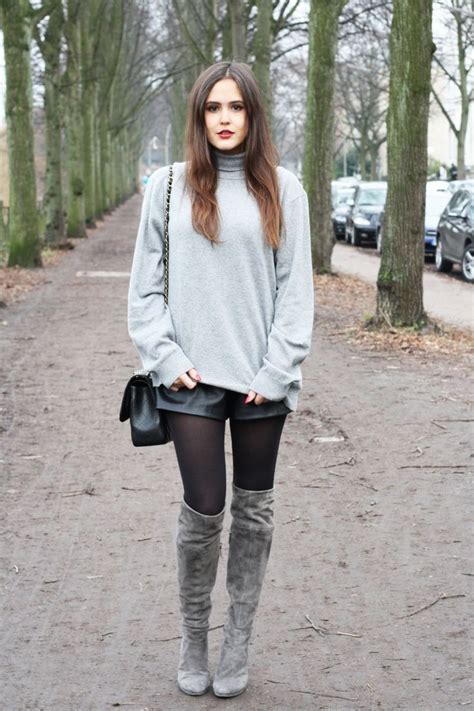 Grey Over The Knee Boots Combined With A Black Pantyhose And Shorts