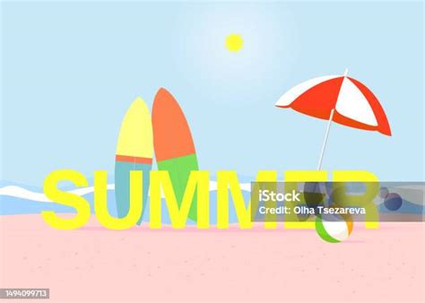 태양의 우산과 파도의 배경에 서핑 보드가있는 여름 문구 건강한 생활방식에 대한 스톡 벡터 아트 및 기타 이미지 건강한 생활방식 계절 만화 Istock