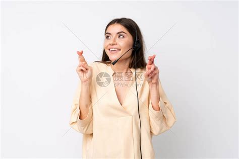 年轻电话推销员妇女超过孤立的白种背高清图片下载 正版图片503761446 摄图网