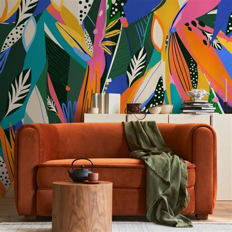 Abstract Tropical Leaf Mural Wallpaper Peel And Stick And Traditional