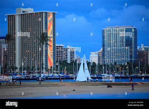Hawaii Oahu Waikiki Ala Wai Yacht Harbor Skyline Magic Island