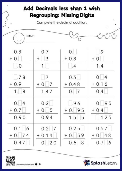 Add Decimals Less Than 1 With Regrouping Missing Digits Math