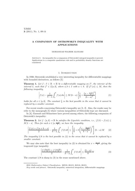 Pdf A Companion Of Ostrowskis Inequality With Applications