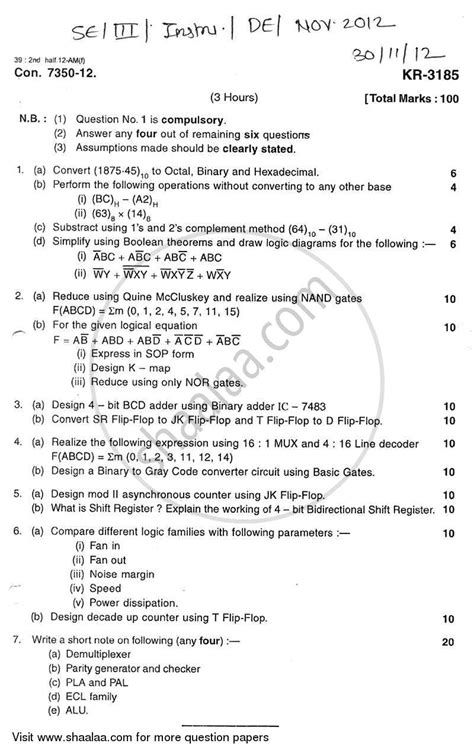 Digital Electronics 2012 2013 Be Electronics And Telecommunication Engineering Semester 3 Se