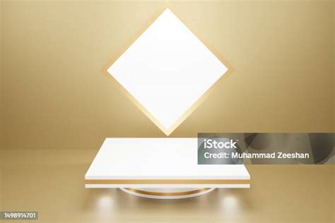 새로운 흰색과 황금색 무대 디자인은 테두리와 배경에 빛나는 조명이 있는 빈 공간을 디자인합니다 3d 렌더 스테이지 디자인 0명에 대한 스톡 사진 및 기타 이미지 Istock