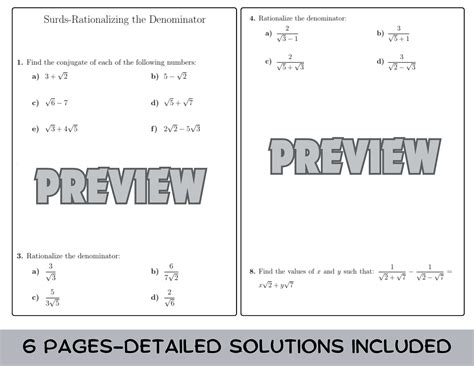 Surds Rationalizing The Denominator Worksheet With Solutions Teaching Resources
