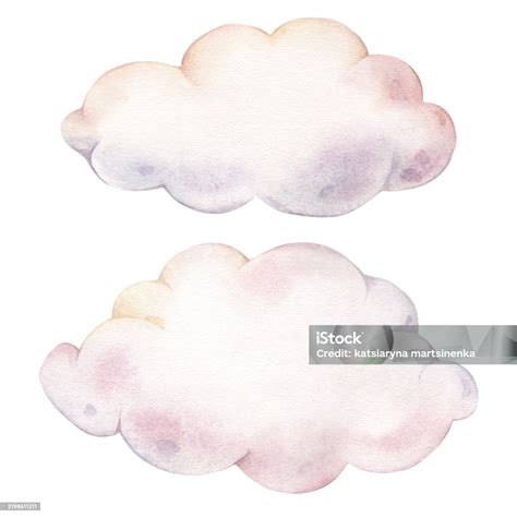 베이비 샤워 초대장 또는 보육원 벽 예술에 대한 구름의 손으로 그린 수채화 그림 아이들 인사말 카드를 위한 몽환적이고 신비로운 분위기를 전달하는 데 완벽한 하늘을 그리기