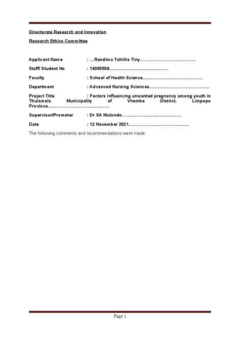 Rec Response Template 2021 Directorate Research And Innovation Research Ethics Committee