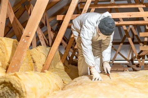 Thermal Insulation Of Roof Spaces With Glass Wool Stock Image Image
