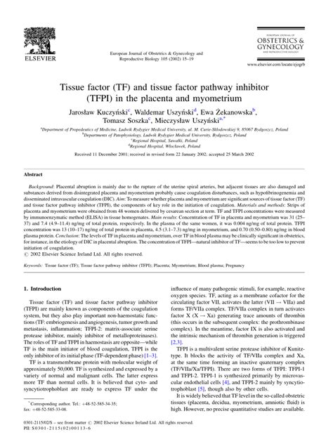 Pdf Tissue Factor Tf And Tissue Factor Pathway Inhibitor Tfpi In
