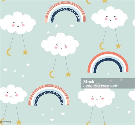 귀여운 구름과 무지개와 완벽 한 패턴입니다 벡터 일러스트 레이 션 귀여운에 대한 스톡 벡터 아트 및 기타 이미지 귀여운 꽃 식물 낙서 드로잉 Istock